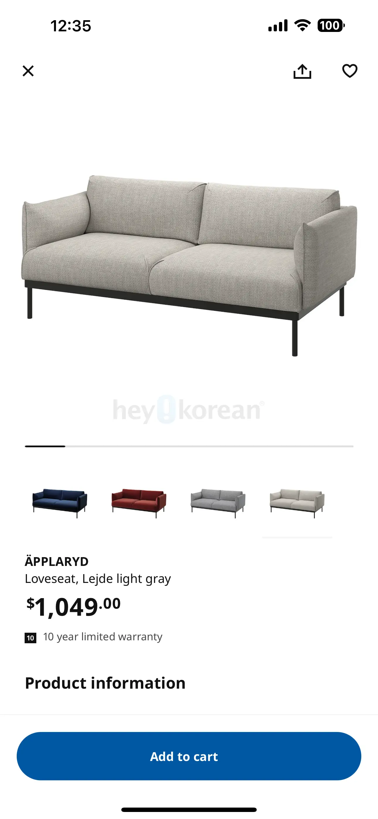 Ikea ÄPPLARYD Loveseat, Lejde light gray