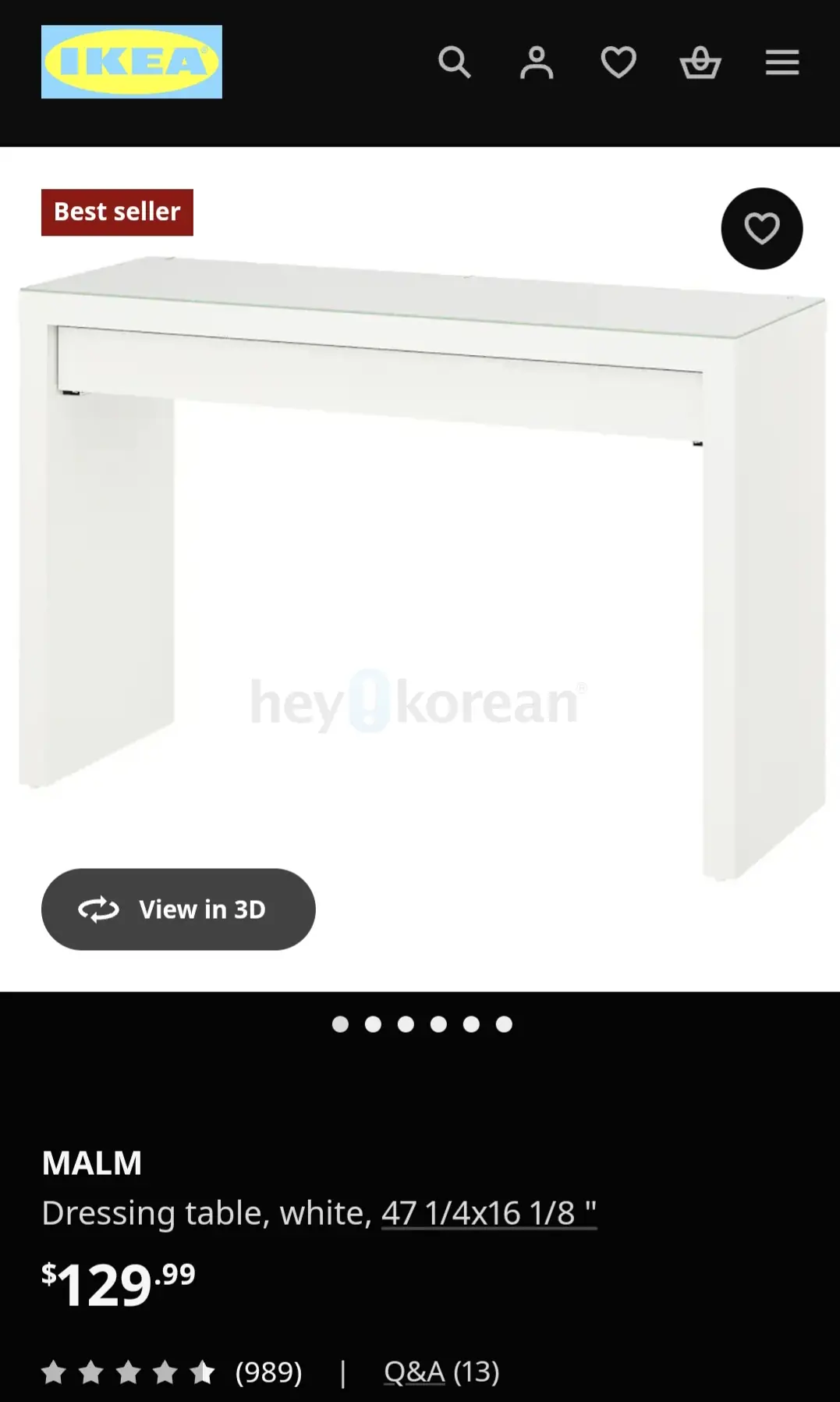 MALM Dressing table, white, 47 1/4x16 1/8