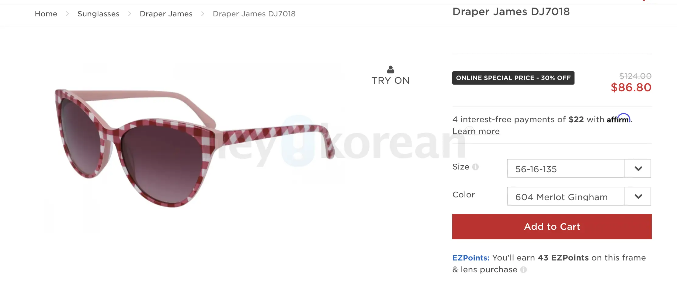 Draper James Sunglasses Merlot Gingham Cat Eye New AUTH $197